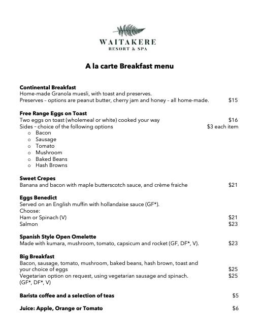 Menu at Waitakere Resort & Spa restaurant, Auckland