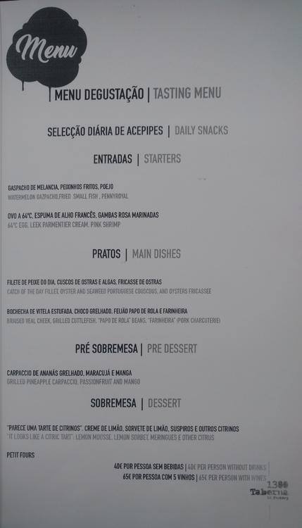 Menu at 1300 Taberna restaurant, Lisbon