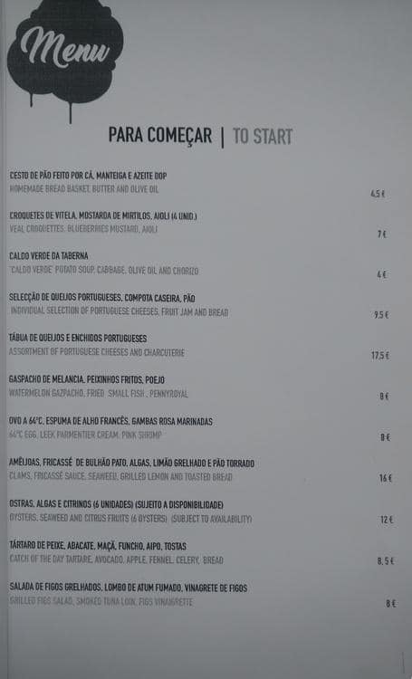 Menu at 1300 Taberna restaurant, Lisbon