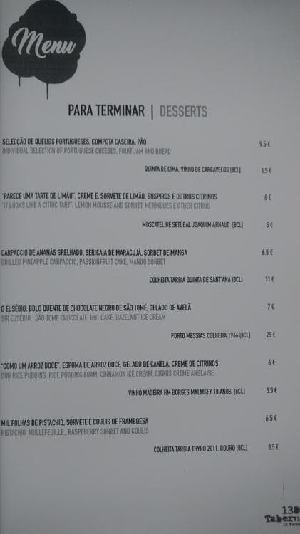 Menu at 1300 Taberna restaurant, Lisbon