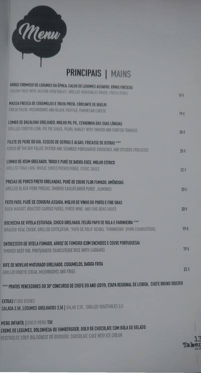 Menu at 1300 Taberna restaurant, Lisbon
