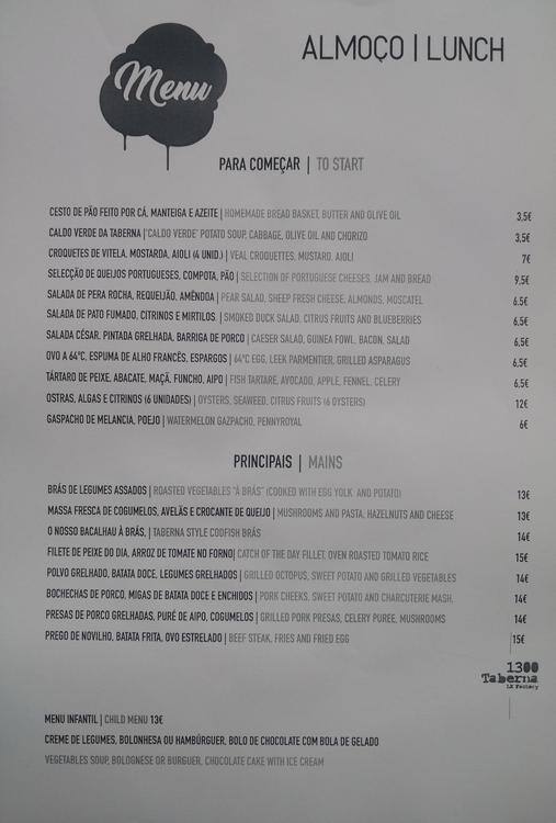 Menu at 1300 Taberna restaurant, Lisbon