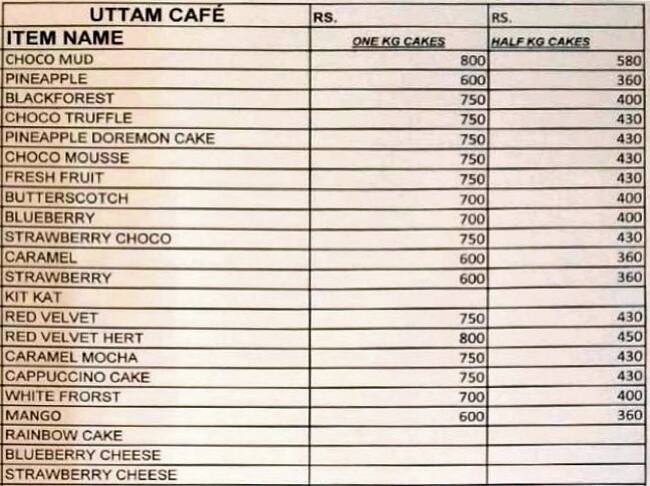 Menu at Uttam Sweets Bakery & Restaurant, Chandigarh, SCO 183