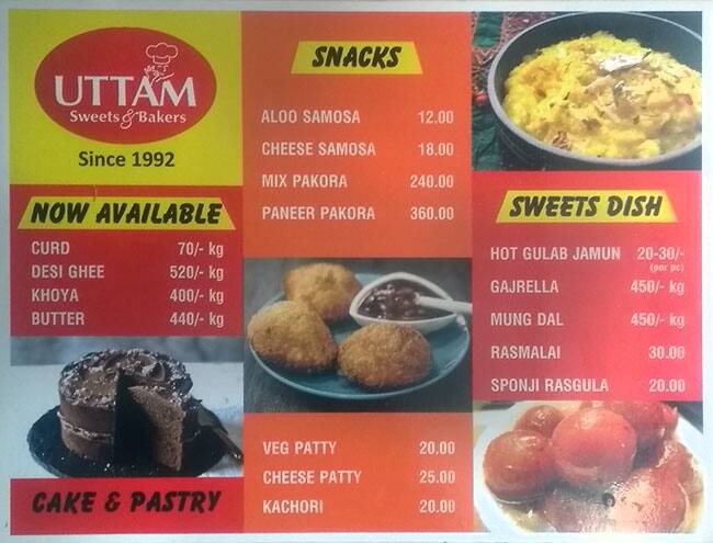 Menu at Uttam Sweets Bakery & Restaurant, Chandigarh, SCO 183