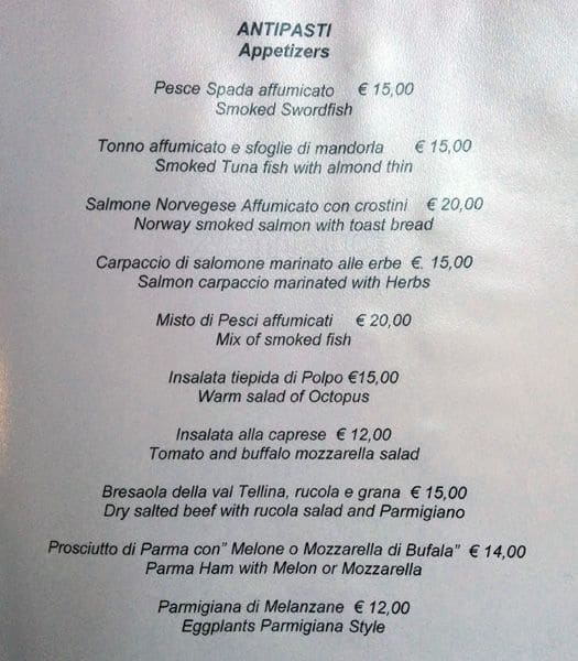 Menu at Peppone restaurant, Rome