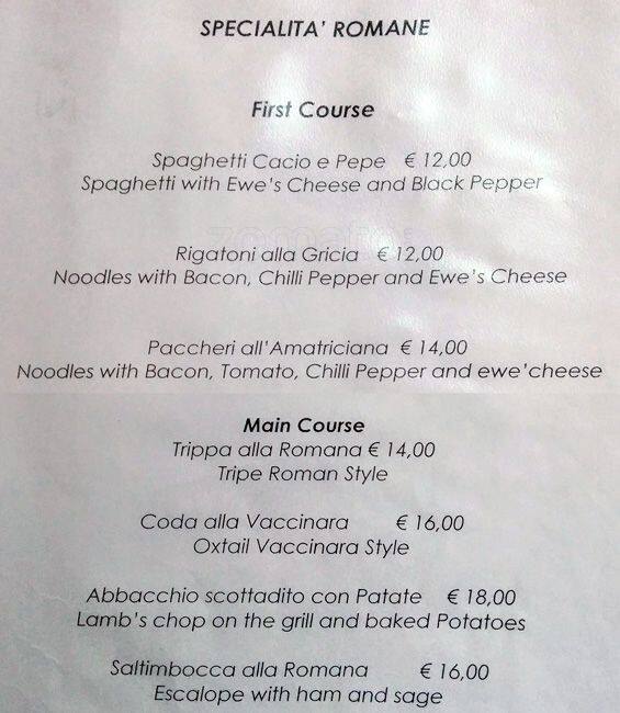 Menu at Peppone restaurant, Rome