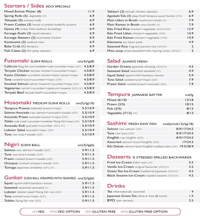 Menu at Edo restaurant, Subiaco, 320 Barker Rd