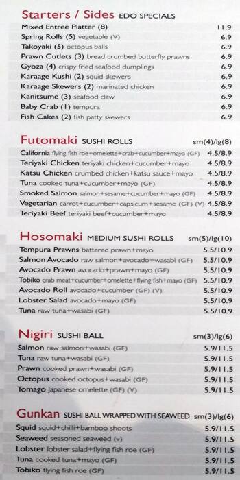 Menu at Edo restaurant, Subiaco, 320 Barker Rd