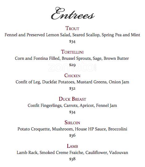 Menu at Red Ox Inn restaurant, Edmonton