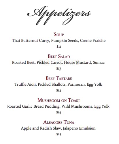 Menu at Red Ox Inn restaurant, Edmonton