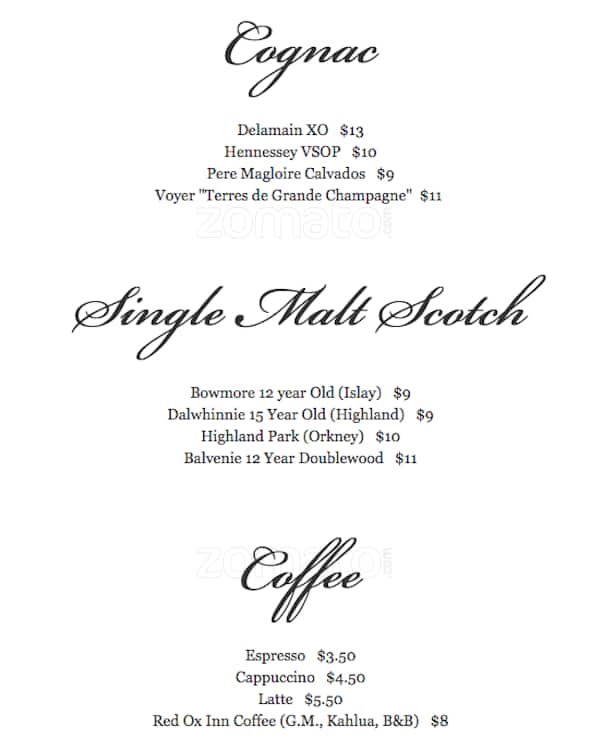 Menu at Red Ox Inn restaurant, Edmonton