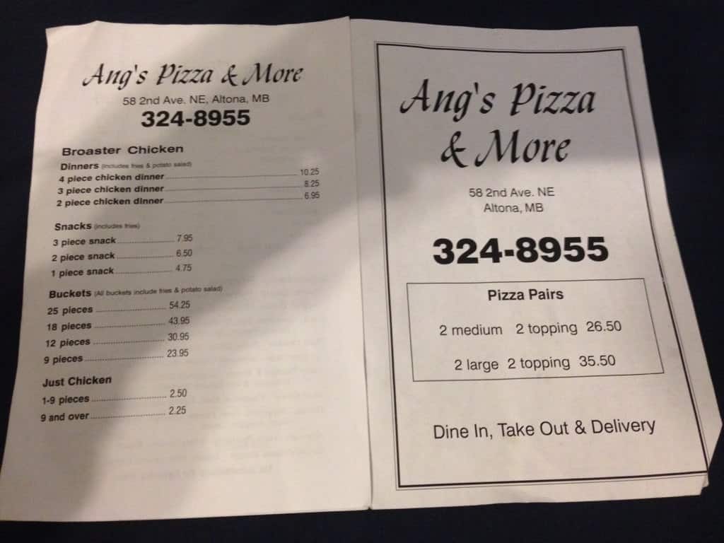 Menu at Ang's Pizza pizzeria, Altona, 58 2 Ave NW