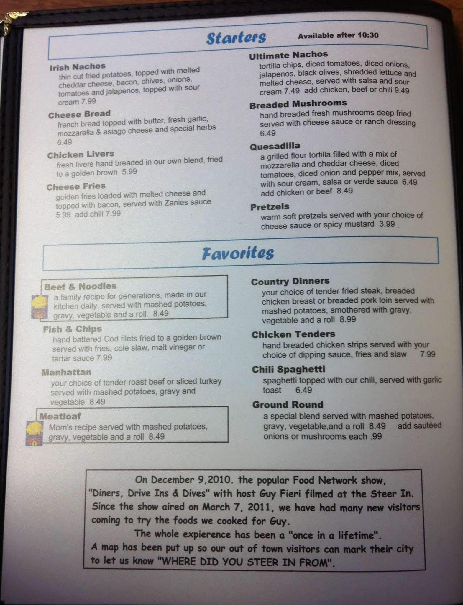 Menu at Steer-In restaurant, Indianapolis