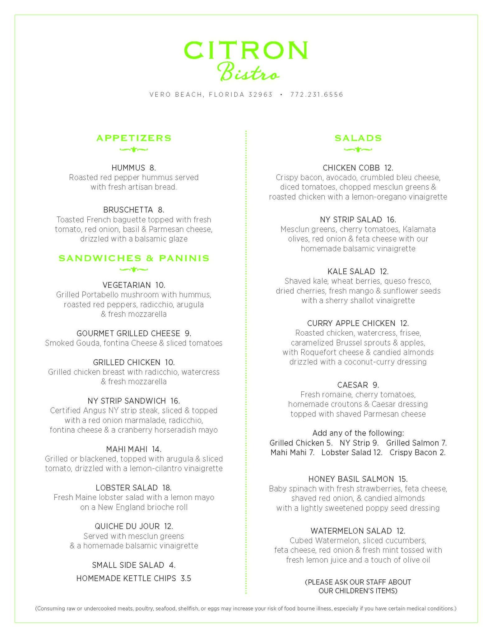 Menu at Citron Bistro, Vero Beach restaurant, Vero Beach
