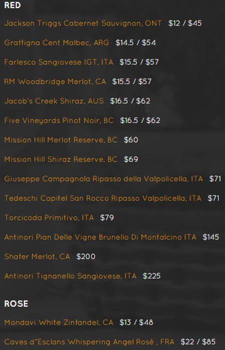 Menu au The One Eighty pub et bar, Toronto