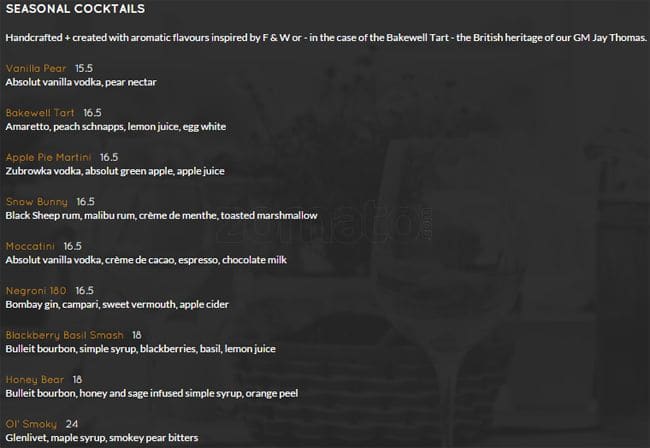 Menu au The One Eighty pub et bar, Toronto