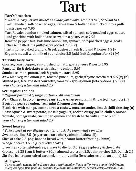 Menu at Tart cafe, London, 25 The Pavement