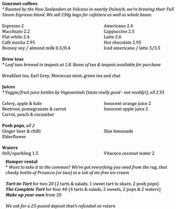 Menu at Tart cafe, London, 25 The Pavement
