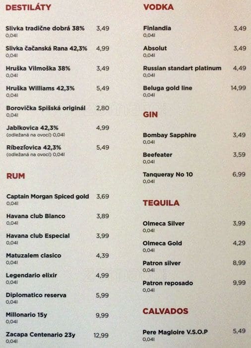 Menu at Slovakia Art Cafe, Bratislava
