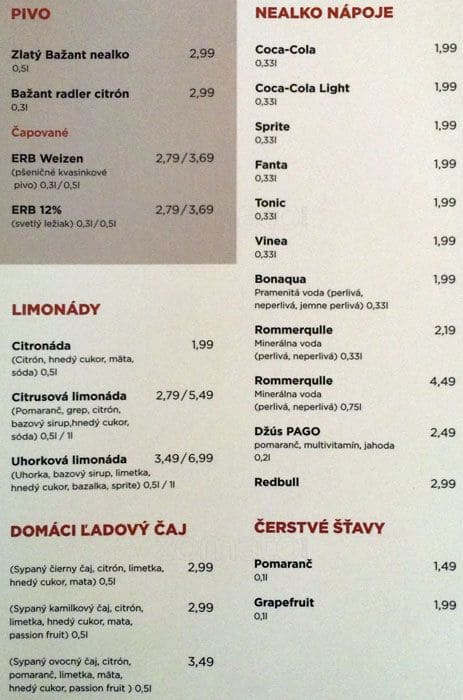 Menu at Slovakia Art Cafe, Bratislava