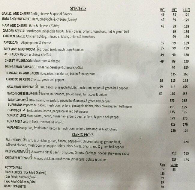 Menu at Biaño's Pizza restaurant, Cebu City, 181 Katipunan St