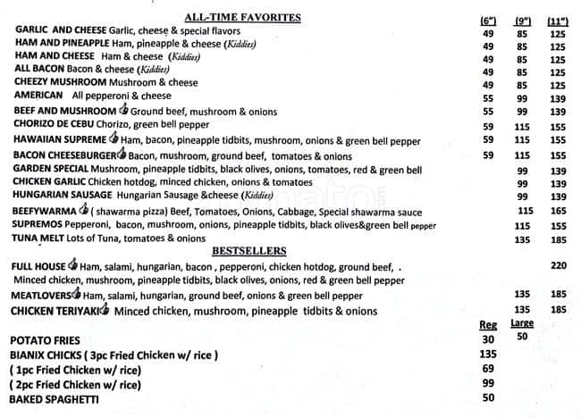Menu at Biaño's Pizza restaurant, Cebu City, 181 Katipunan St