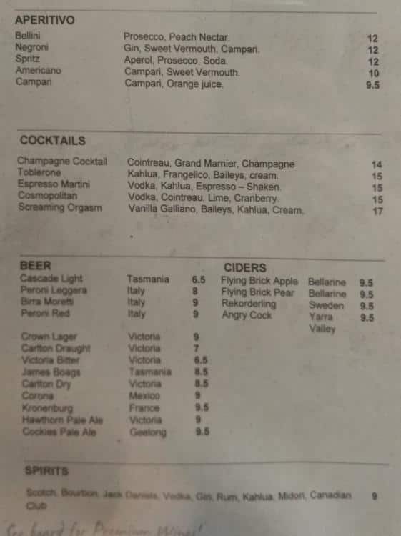 Menu at Houdinis Cafe e Cucina, Diggers Rest