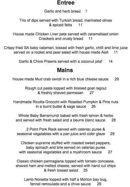 Menu at Chaffey's Restaurant & Bar, Mildura