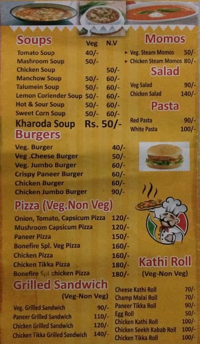 Menu of Bonfire, PPR Market, Jalandhar
