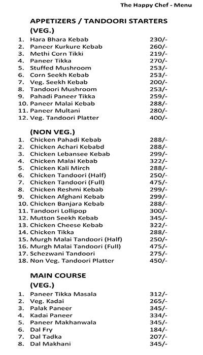 Menu of The Happy Chef, Reclamation, Bandra West, Mumbai