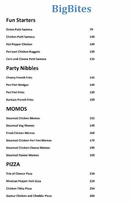 Menu of BigBites, Hebbal, Bangalore
