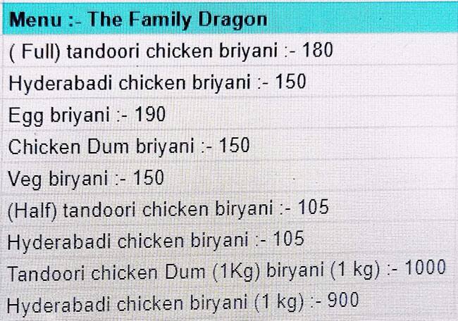 Menu of The Family Dragon, Kharghar, Navi Mumbai