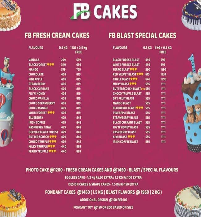 Menu of FB Cakes, Thudiyalur, Coimbatore