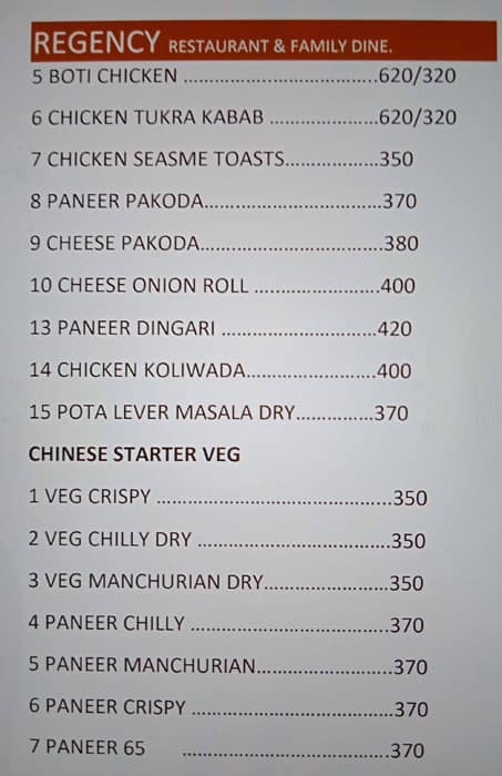 Menu of Hotel Regency, Borivali East, Mumbai