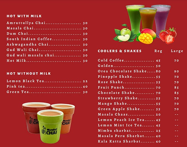 Menu of Mumbai Chai Cafe, Vijay Nagar, Mysore