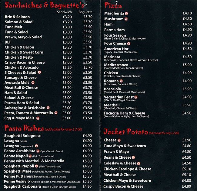 Menu at Mario's Cafe, London, 139 Three Colt St