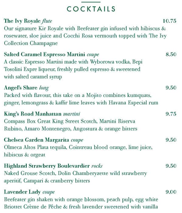 Menu at The Ivy Chelsea Garden pub & bar, London