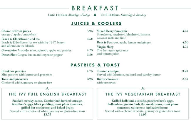 Menu at The Ivy Chelsea Garden pub & bar, London