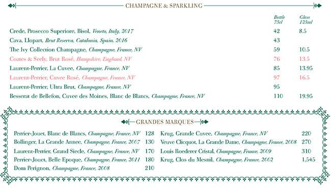 Menu at The Ivy Chelsea Garden pub & bar, London