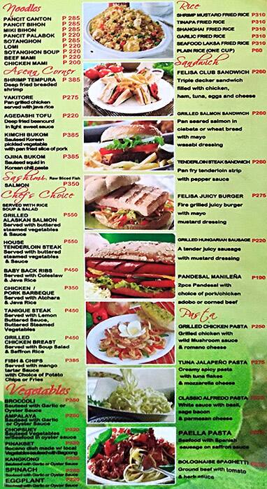 Menu at Cafe Felisa - Aloha Hotel, Manila