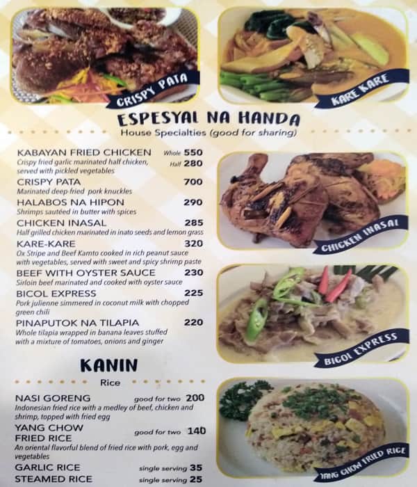 Menu at Pinoy Star Cafe (Kabayan Hotel), Pasay