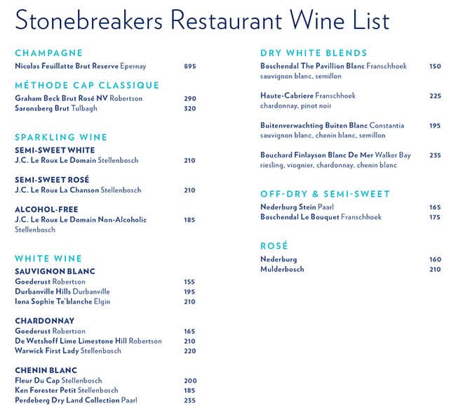 Menu at Stonebreakers Restaurant, Cape Town
