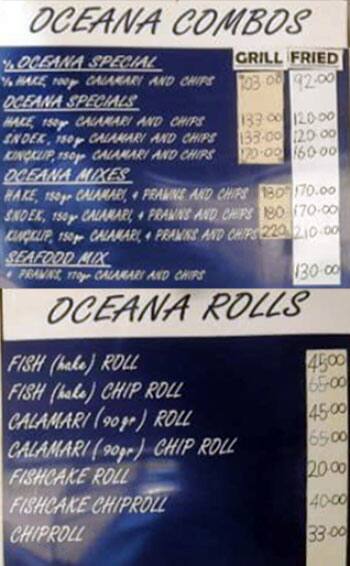 Menu at Oceana 2, Cape Town, Village Centre