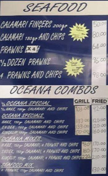 Menu at Oceana 2, Cape Town, Village Centre
