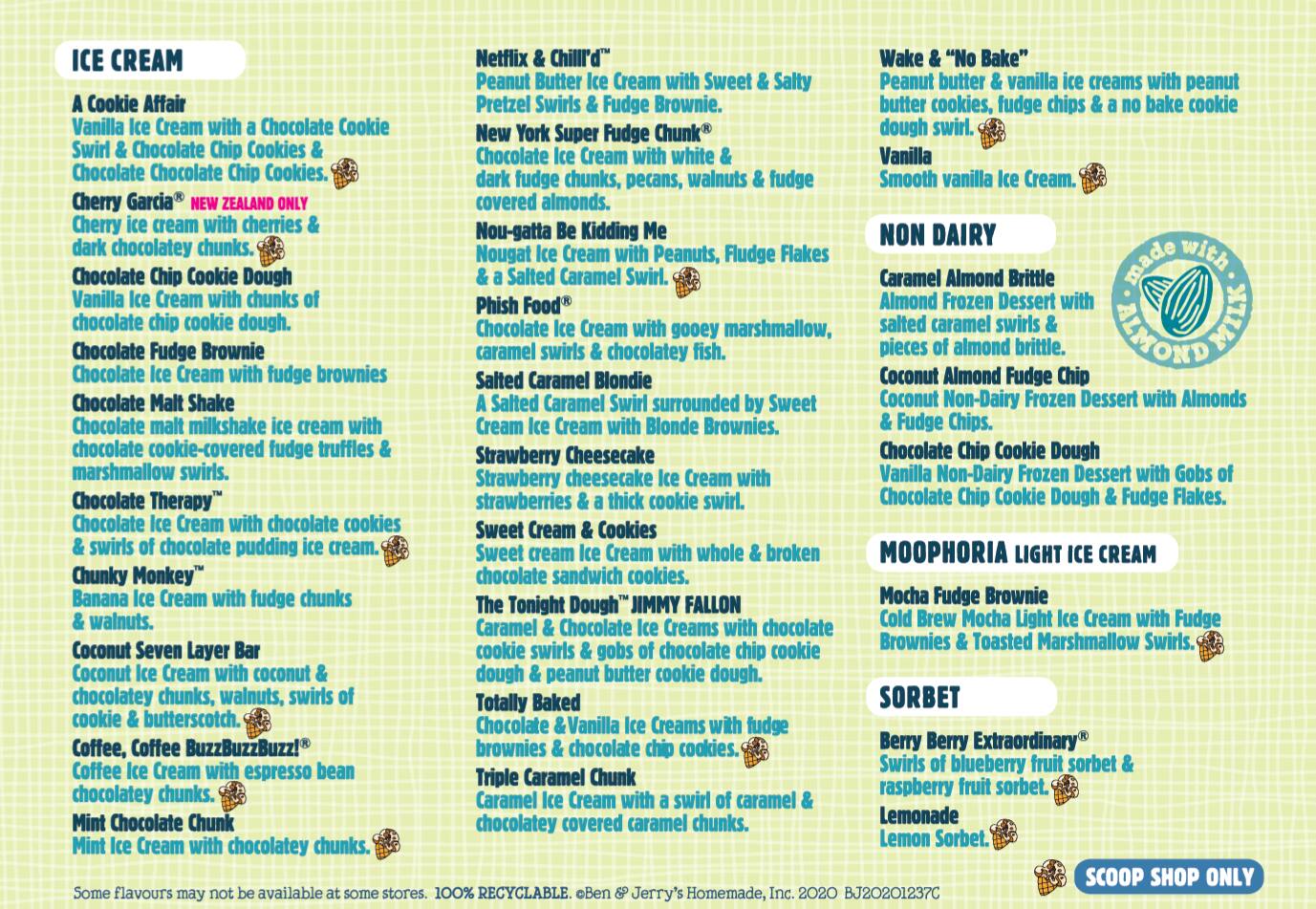 Menu at Ben & Jerry's desserts, Maribyrnong