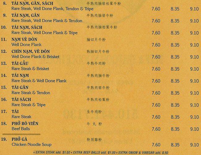 Carta del restaurante Pho Tasty, San Jose, Berryessa Rd