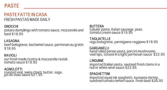 Menu at Luce restaurant, Charlotte