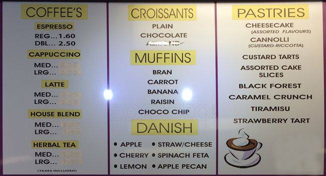 Menu at International Bakery, Toronto