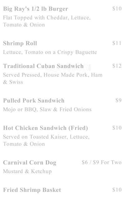 Menu at Big Ray's Fish Camp restaurant, Tampa