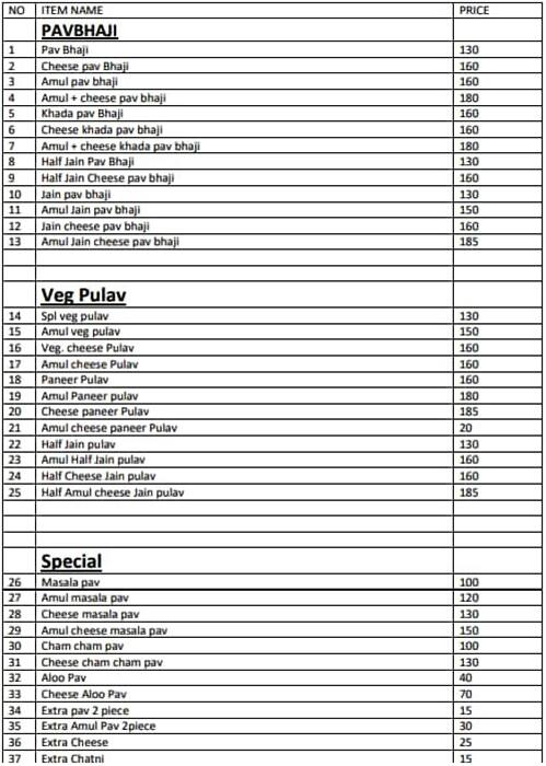 Menu of Bharat Pavbhaji, Borivali West, Mumbai